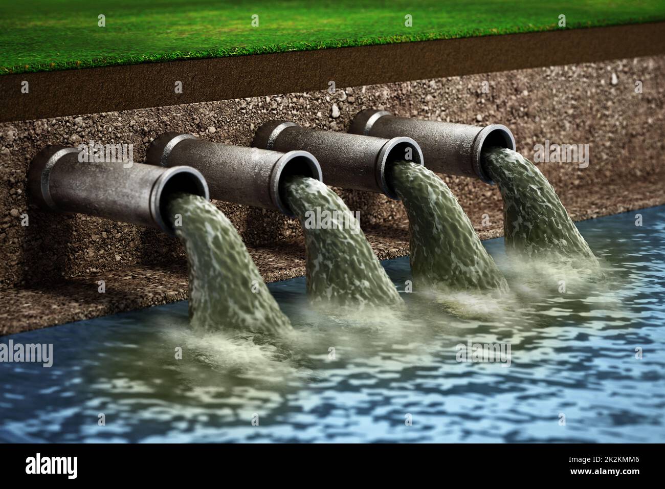 Dirty water pouring into the water from sewer pipes. 3D illustration ...