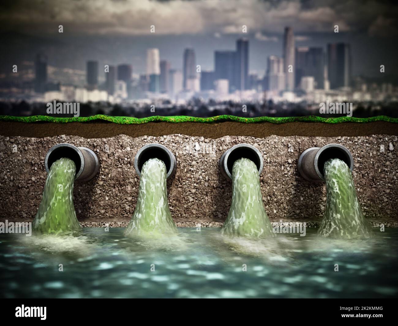 Dirty water pouring into the water from sewer pipes. 3D illustration ...