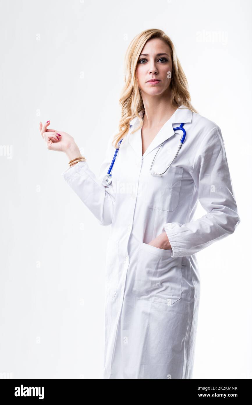 doctor (woman) explaining something on white background Stock Photo - Alamy