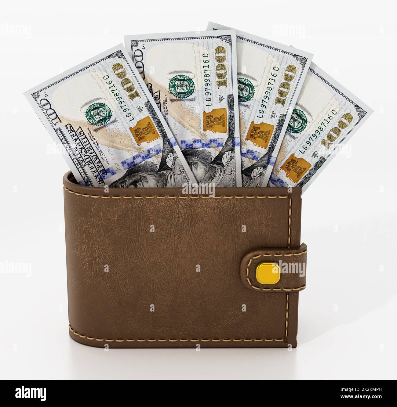 100 dollar banknotes inside leather wallet isolated on white background ...