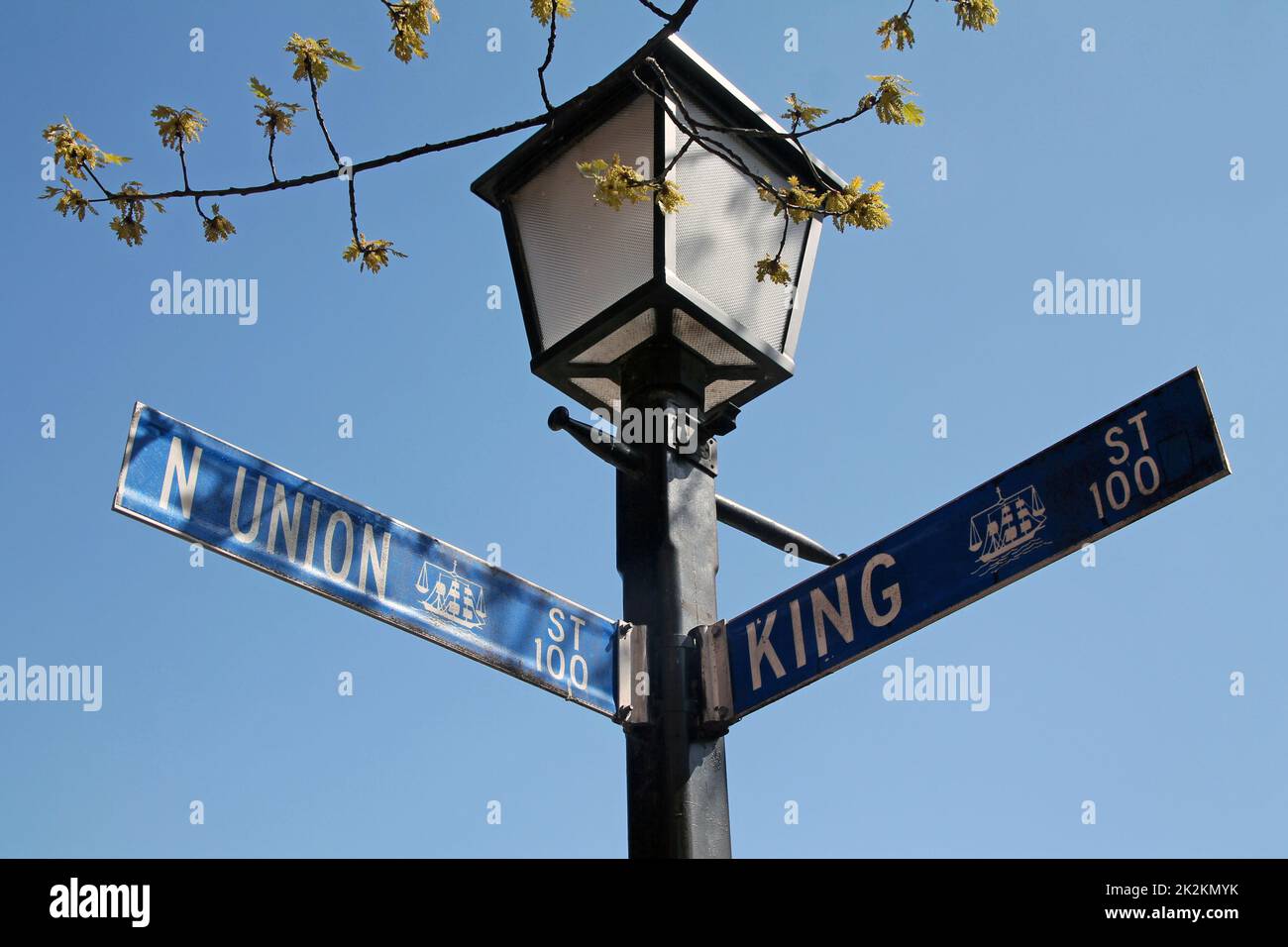 Blue N Union Street and King Street historic sign in downtown ...
