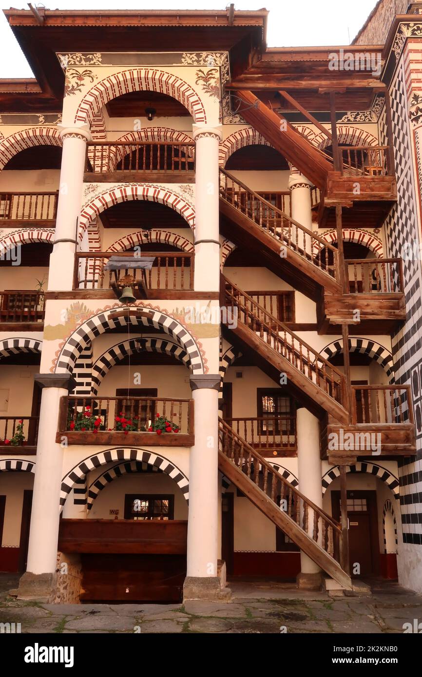 Closeup on the many wooden stairs of the residential part of Rila ...