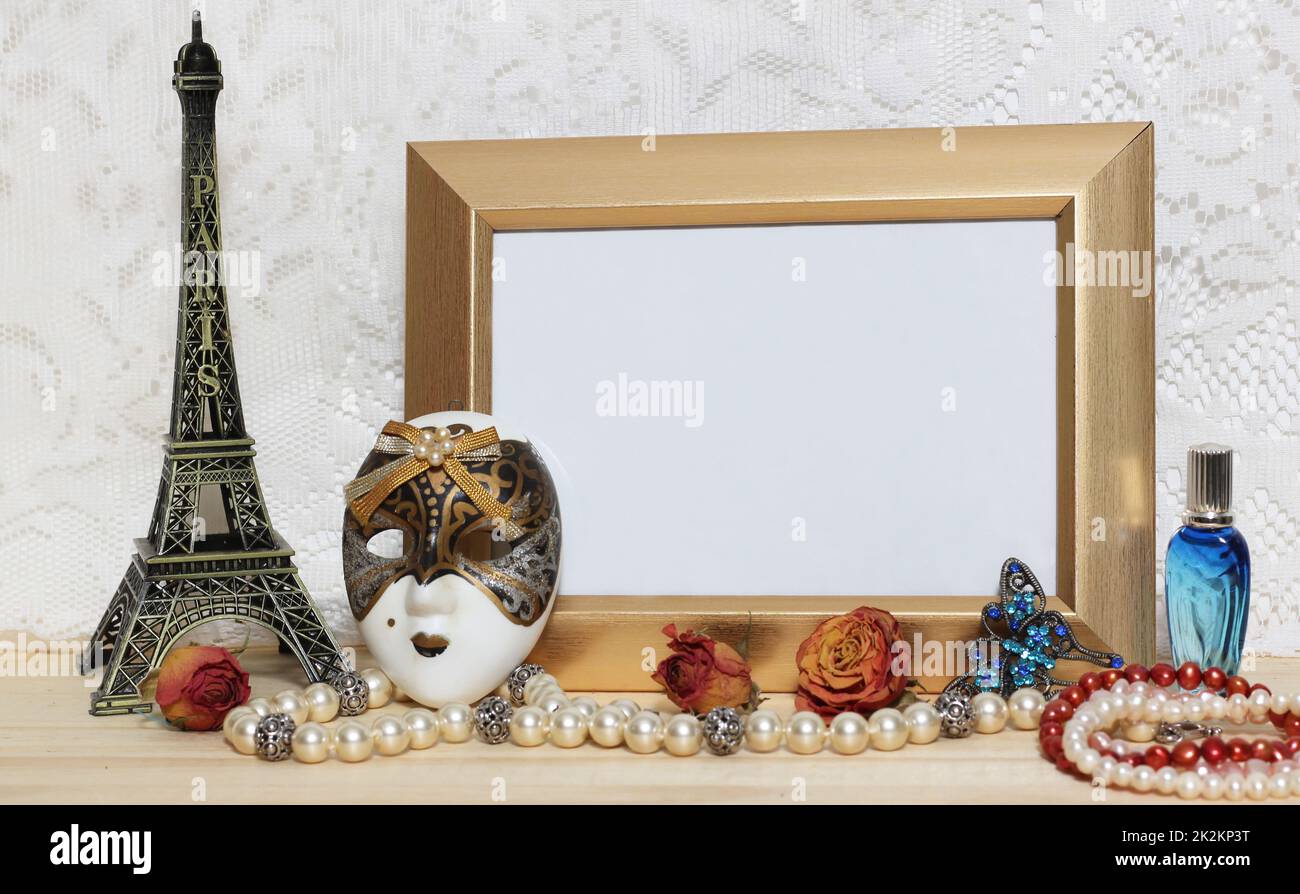 Empty Photo Frame With Eiffel Tower and Carnival Mask Stock Photo - Alamy
