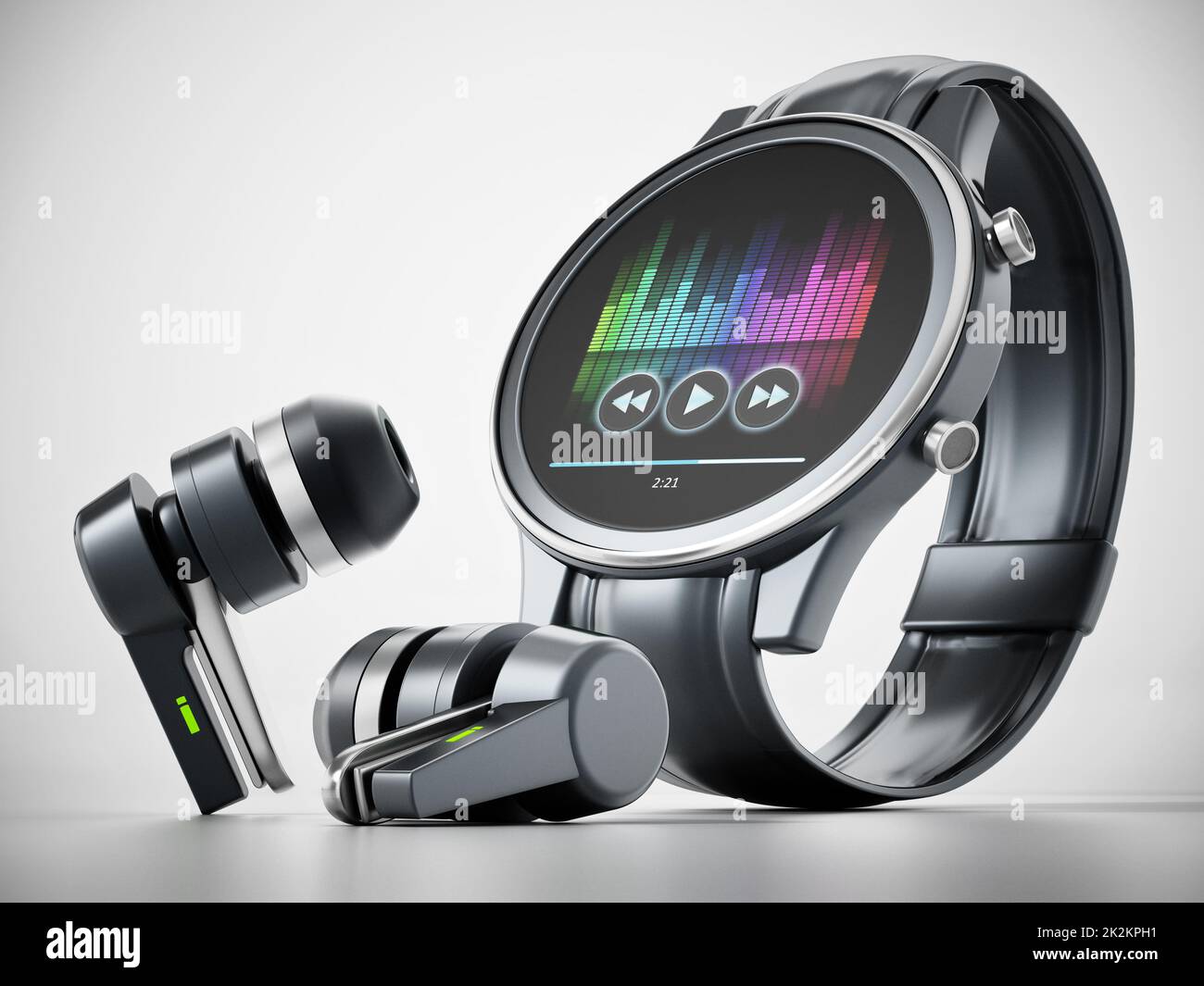 Generic smartwatch and wireless bluetooth headphones. 3D illustration ...