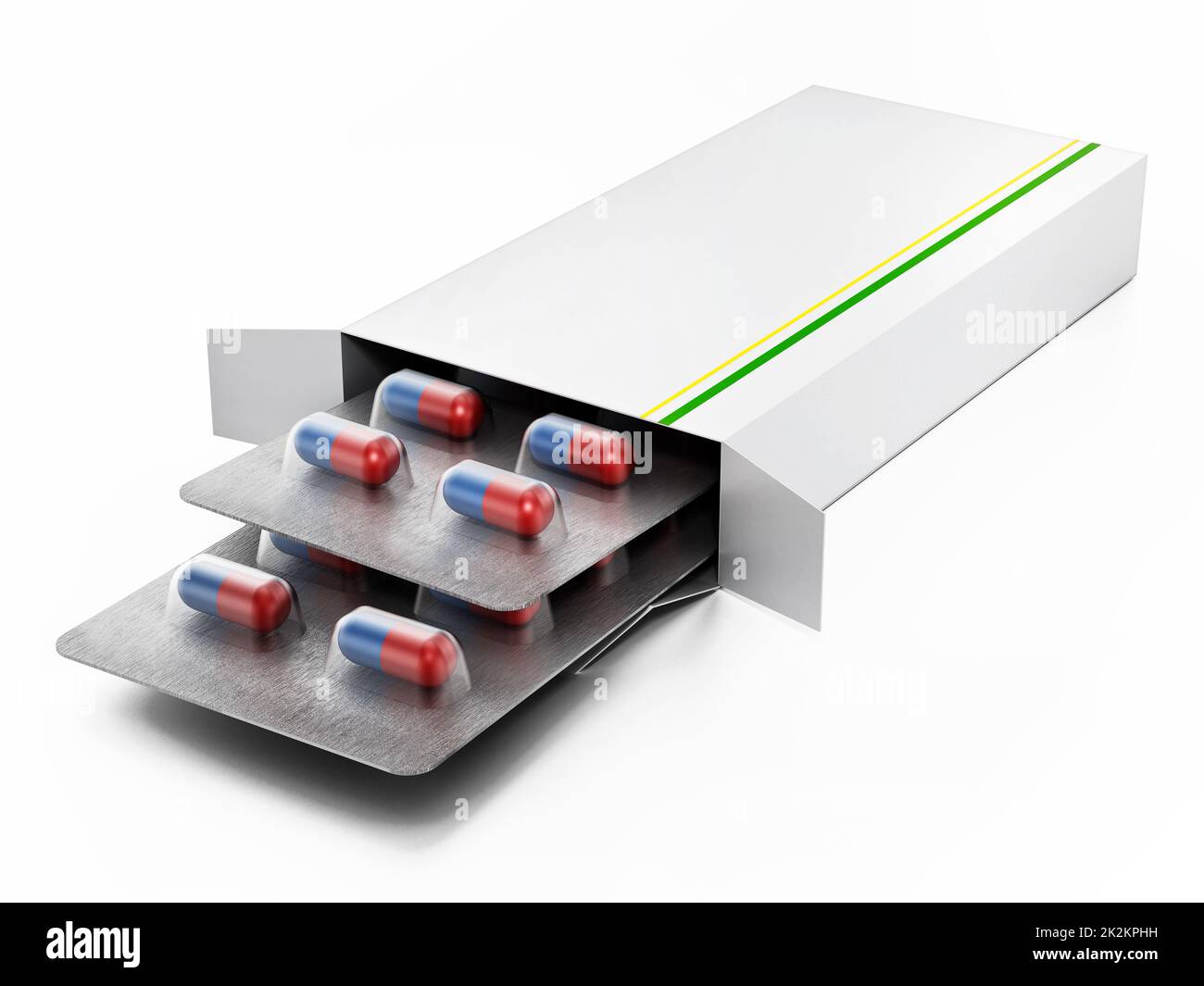 Open pill box with capsules isolated on white background. 3D ...