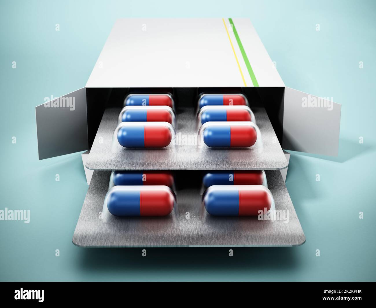 Open pill box with capsules isolated on green background. 3D ...