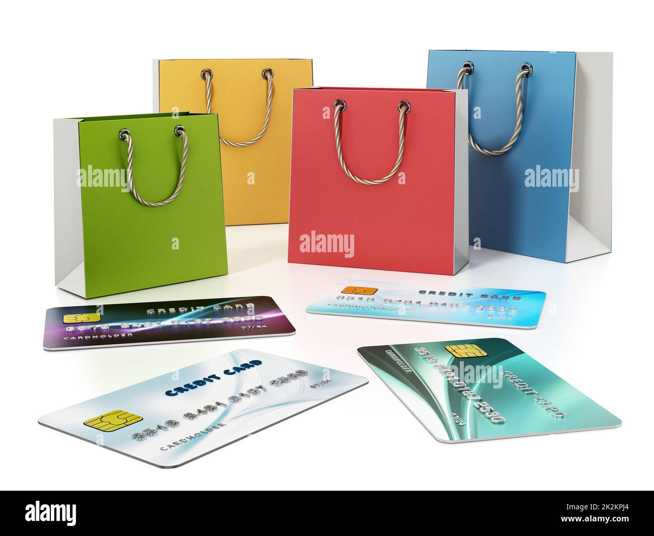 Shopping bags and generic credit cards isolated on white background ...