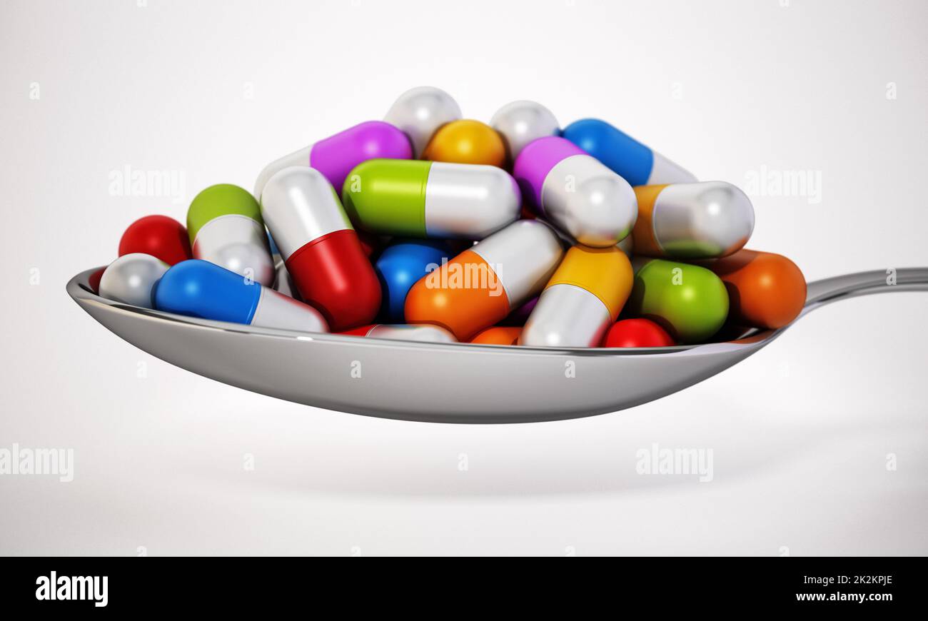 Multi colored vitamin pills inside a metal spoon. 3D illustration Stock ...