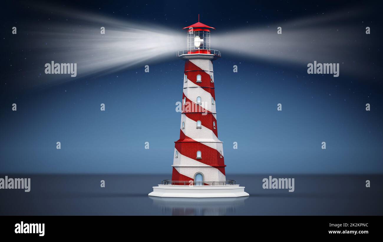 Generic lighthouse emitting light on dark night background. 3D ...