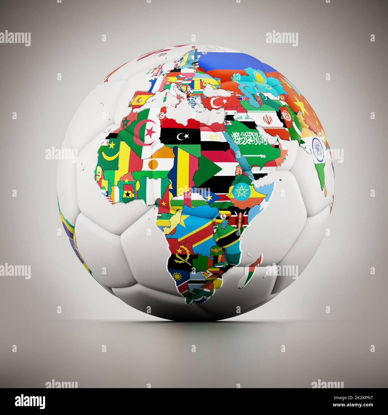World map with country flags around the soccer ball. 3D illustration ...
