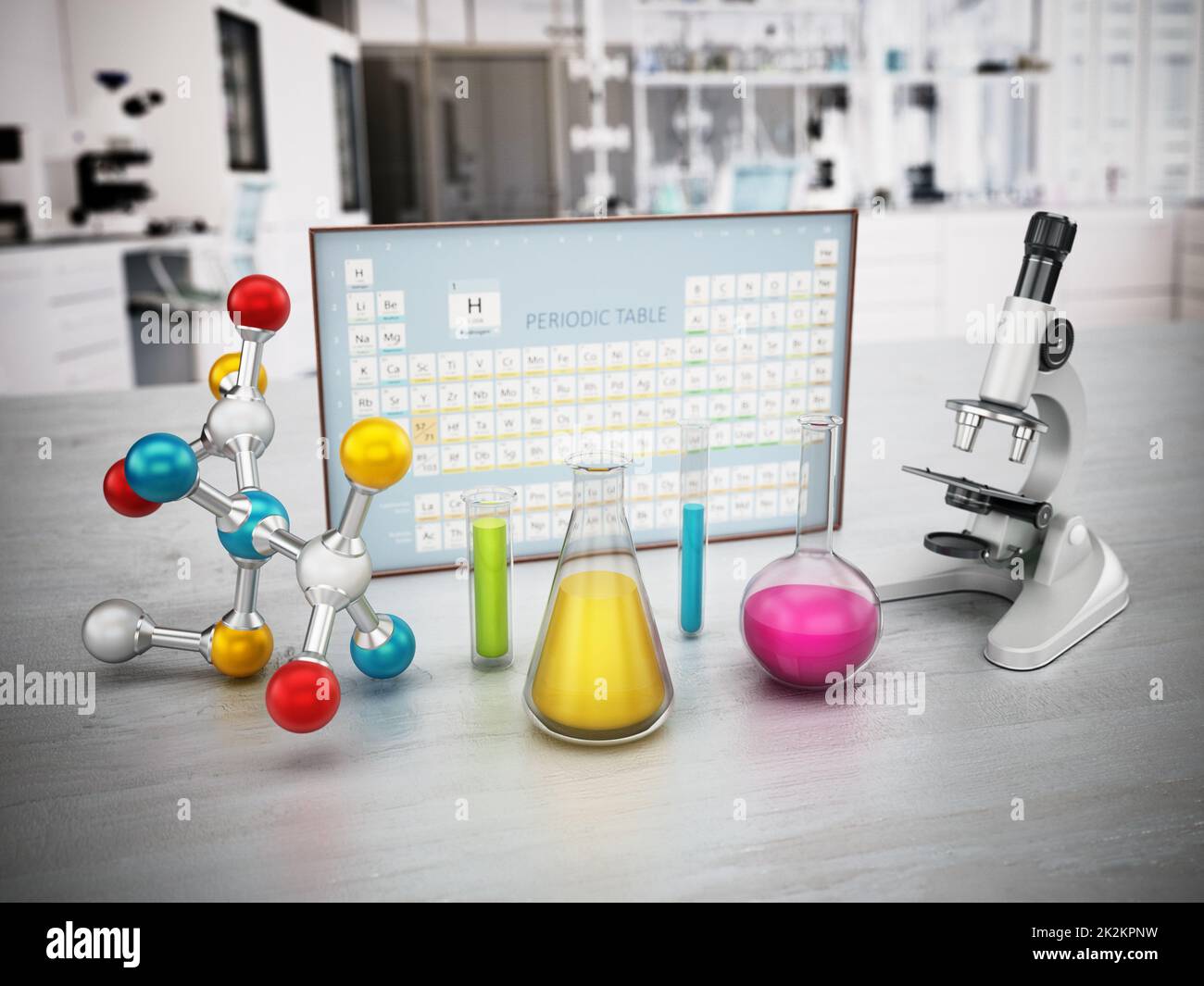 Chemistery laboratory with microscope, molecule model and glass lab ...