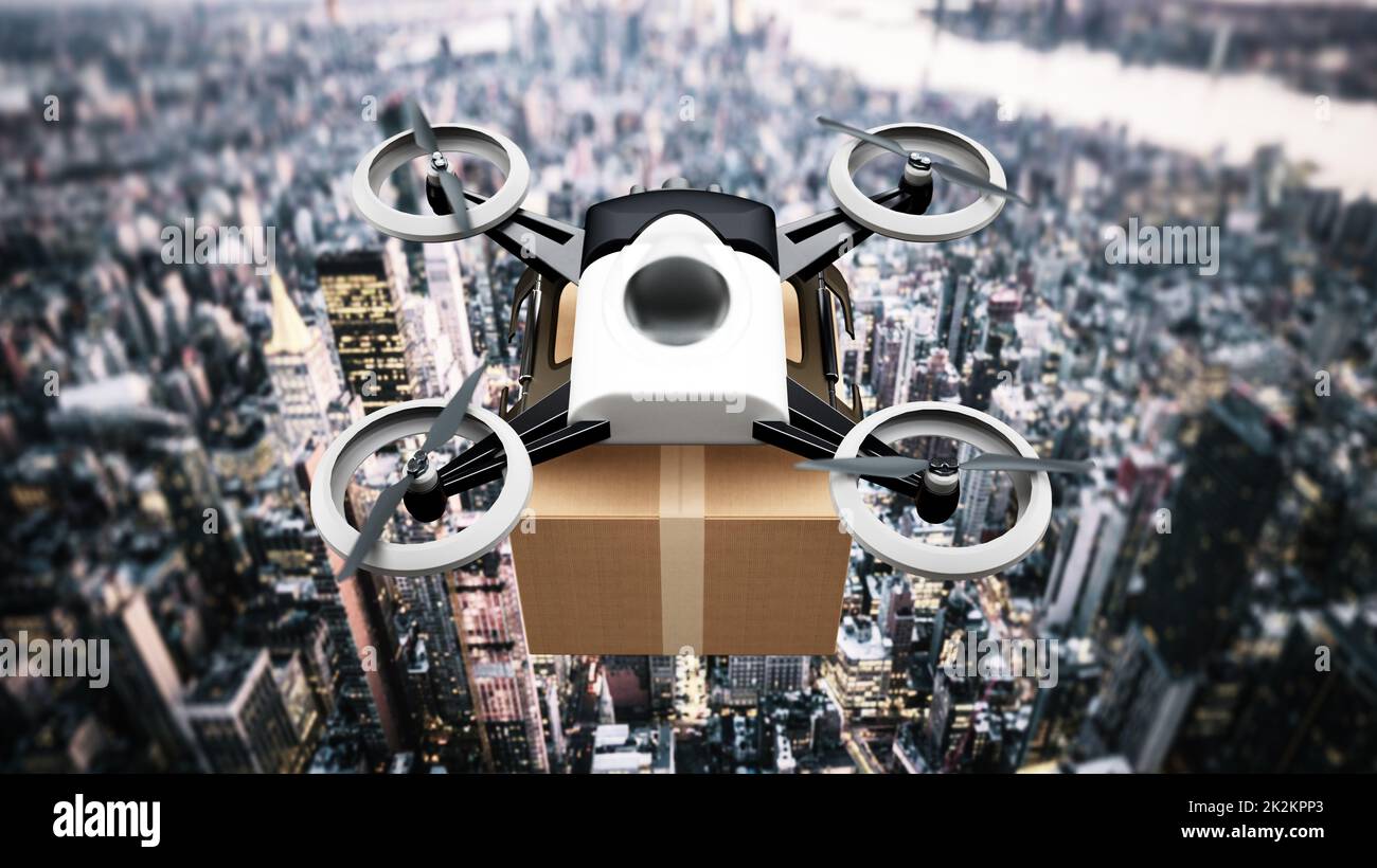Unmanned drone carrying cargo box above the big city view. 3D ...