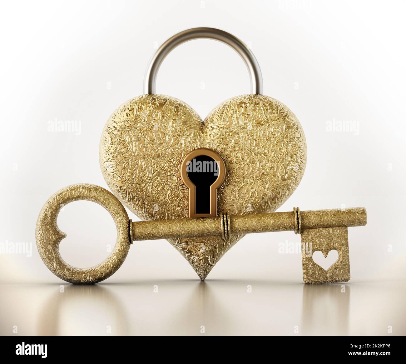 Golden ornate key with heart symbol and heart shaped padlock isolated ...