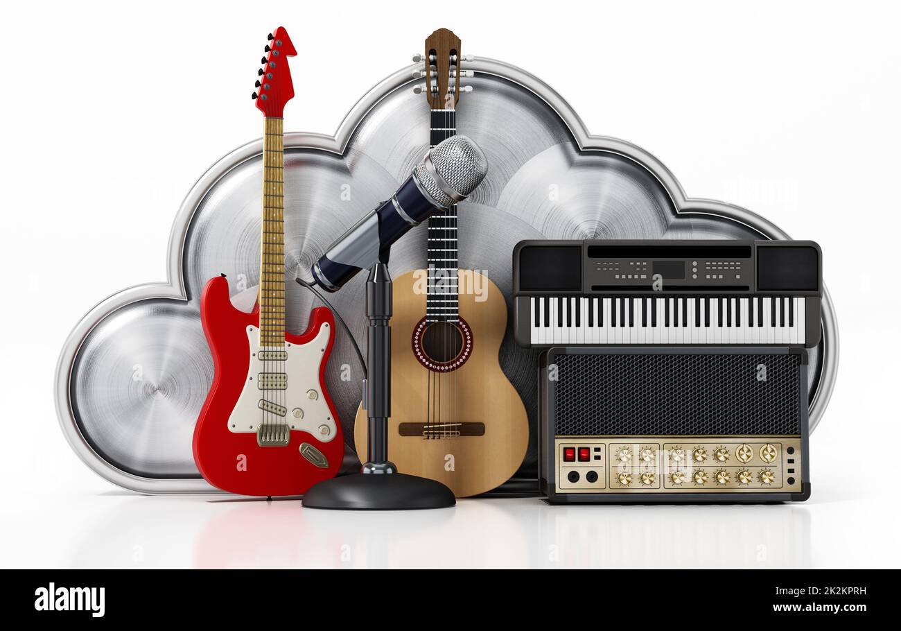 Music instruments and cloud shape isolated on white background. 3D ...
