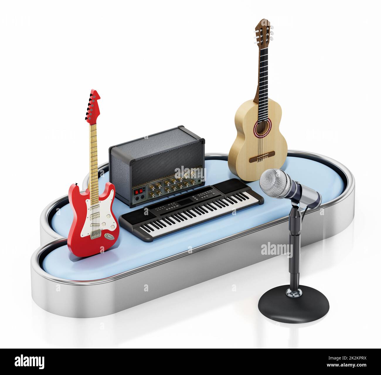 Music instruments and cloud shape isolated on white background. 3D ...