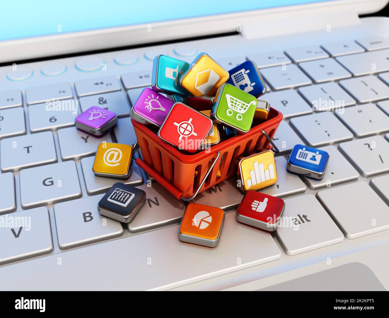 Stack of digital apps inside shopping basket standing on laptop ...