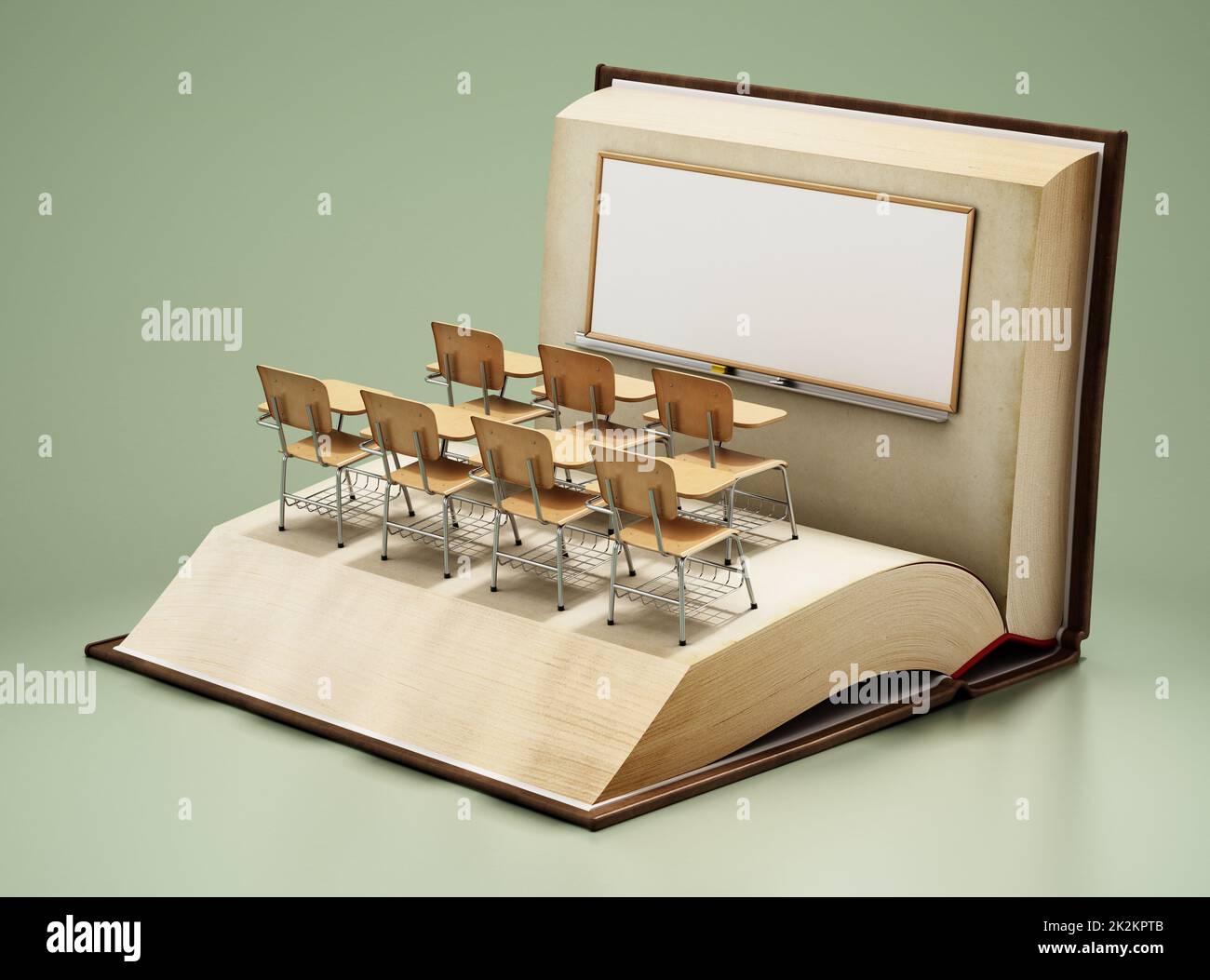 Classroom seats and blackboard standing on open book pages. Education ...