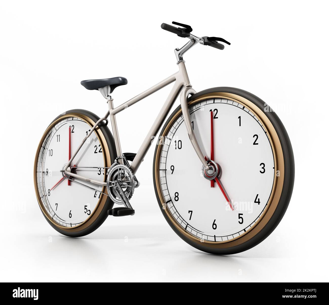 Bicycle with clocks as tyres pointing 8 o'clock and 5 o'clock isolated ...