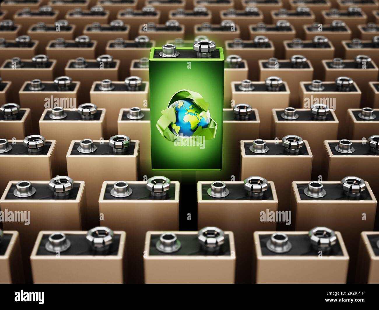 Green battery with recycle symbol stands out among regular alcaline ...