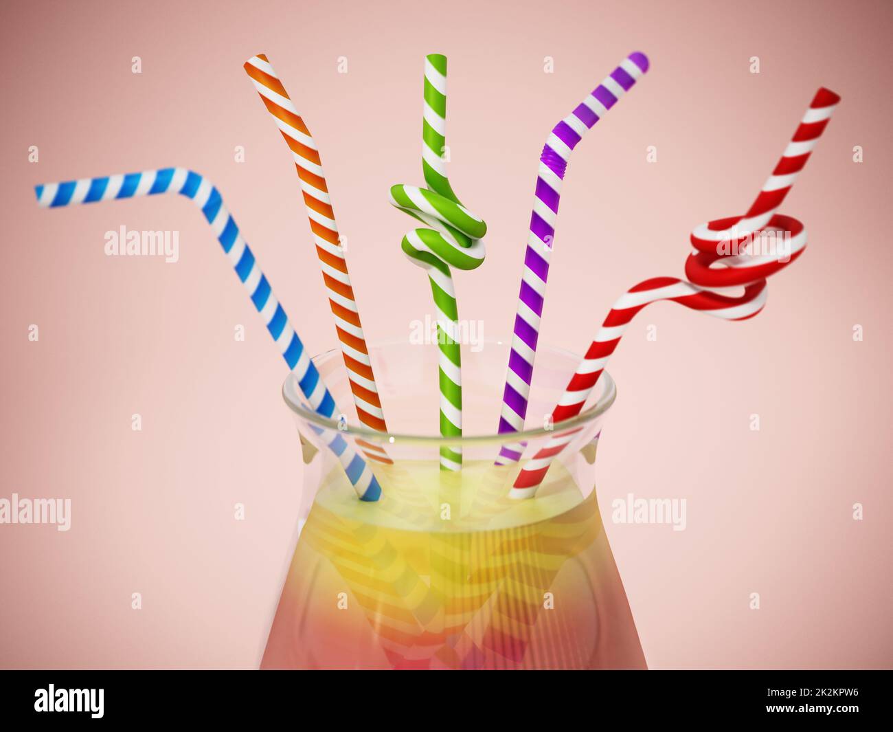 Colorful straws inside coctail glass with multi colored beverage. 3D ...