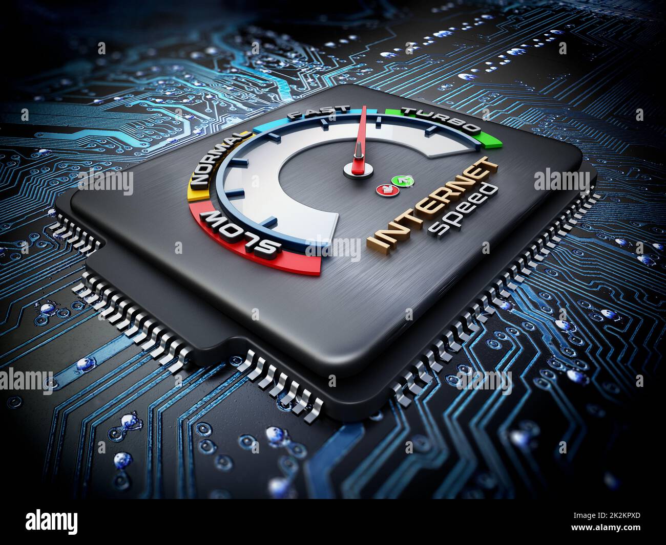 Internet speed dial on computer chip standing on blue PCB. 3D ...