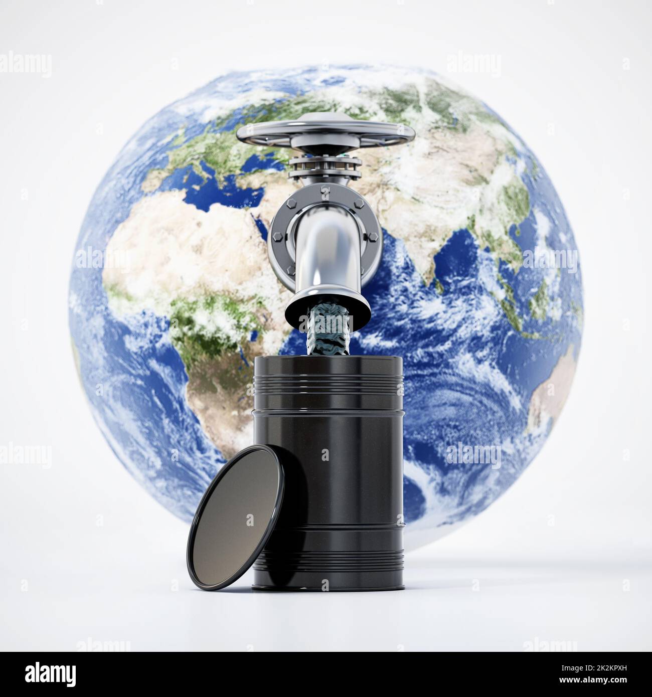 Faucet formed with gas pipe filling crude oil inside the drum. 3D ...