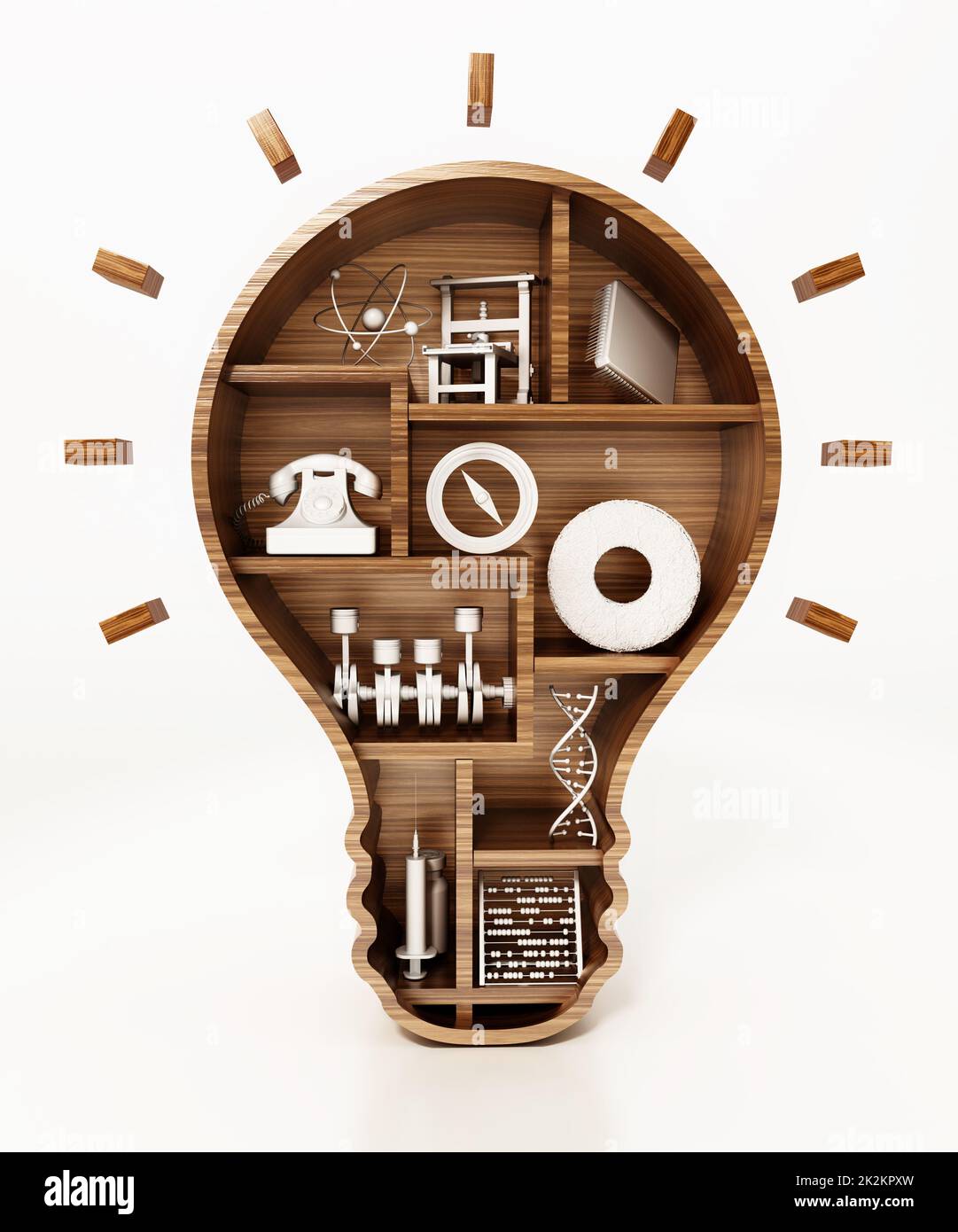 Objects representing important inventions in history standing on ...