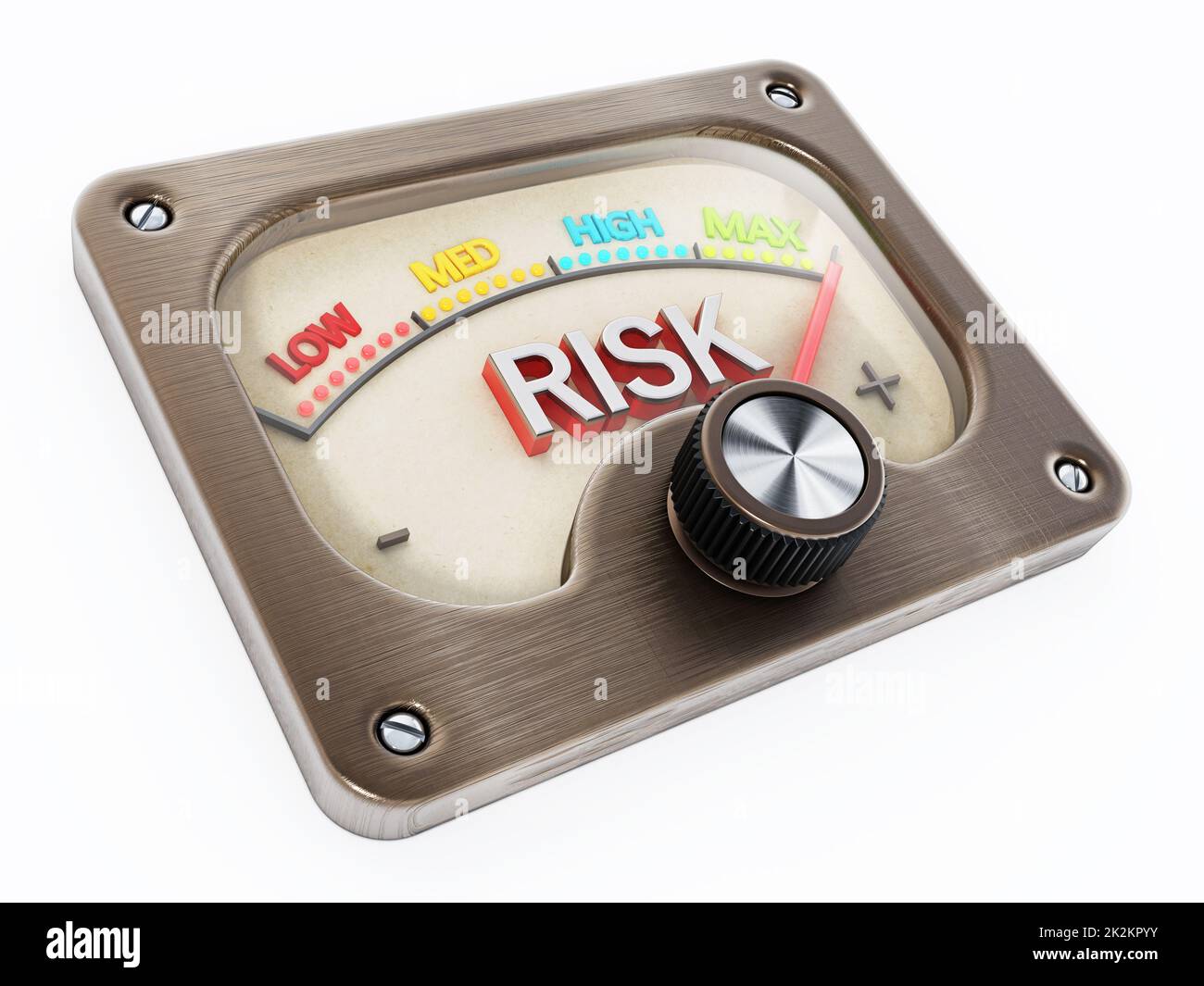 Vintage risk meter pointing maximum risk isolated on white background ...