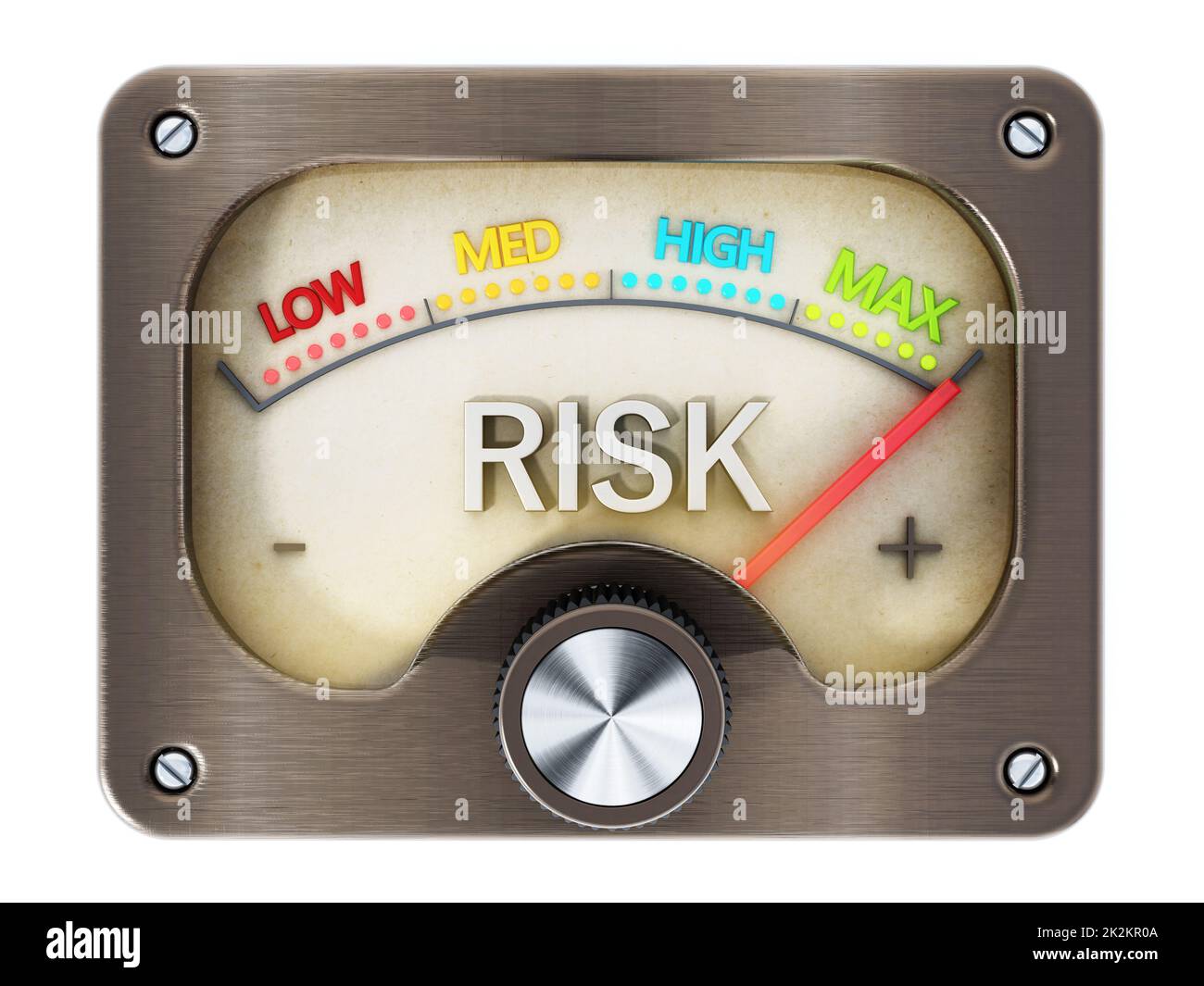 Vintage risk meter pointing maximum risk isolated on white background ...