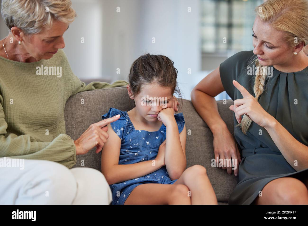 Family, discipline and warning by mother and grandmother hand sign to ...