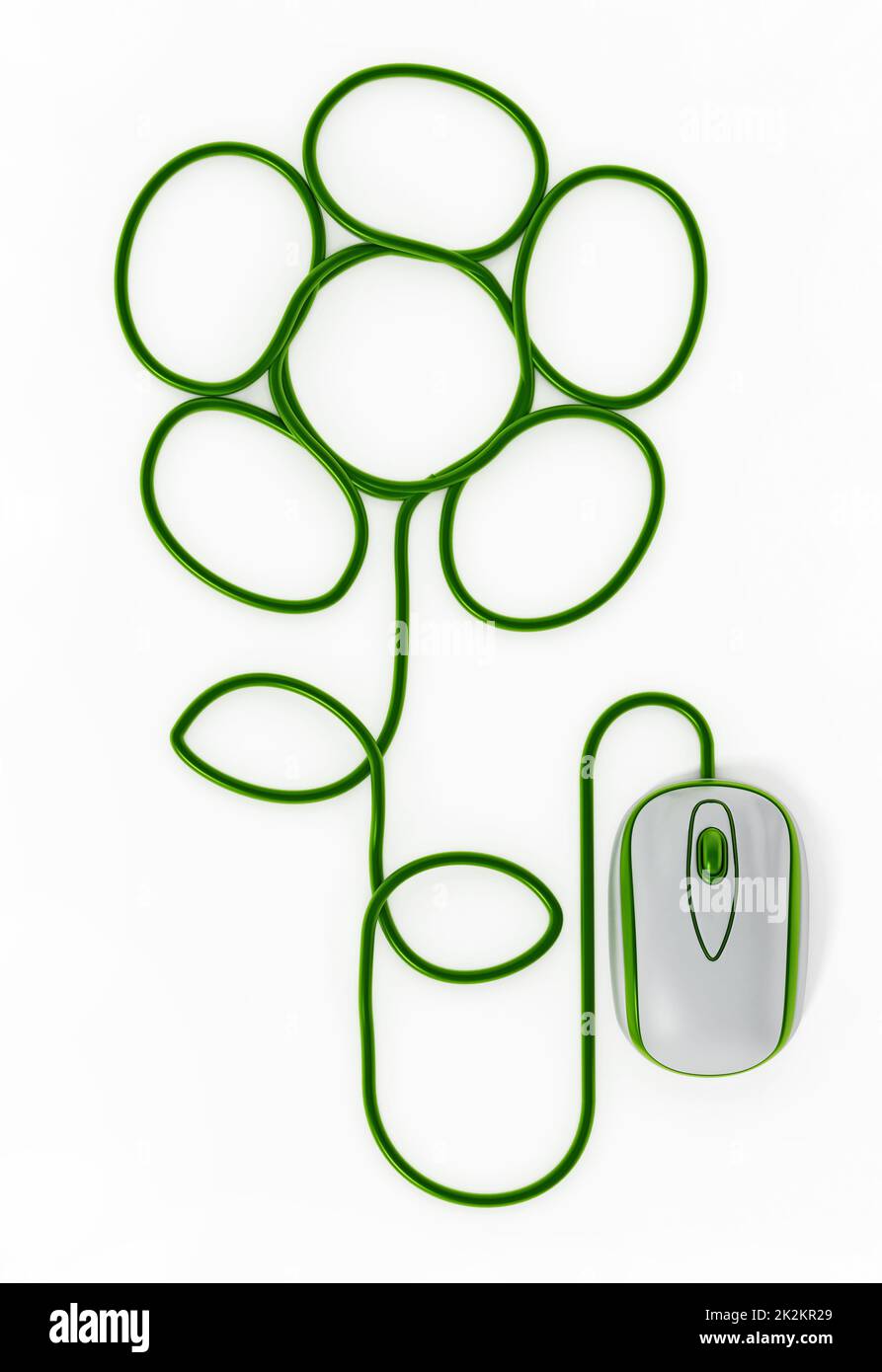 Mouse connected to cable forming a flower shape isolated on white ...