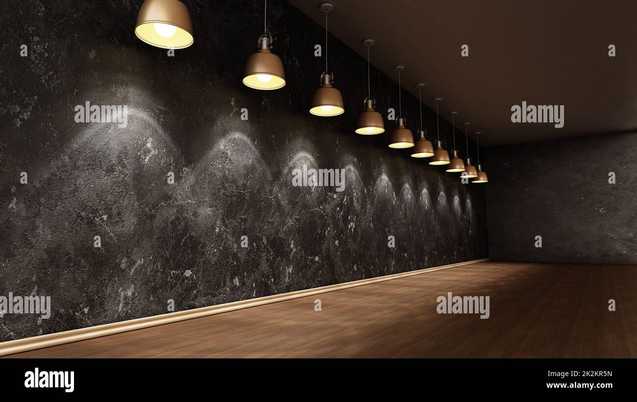 Blank black wall lit by ceiling lamps. 3D illustration Stock Photo - Alamy