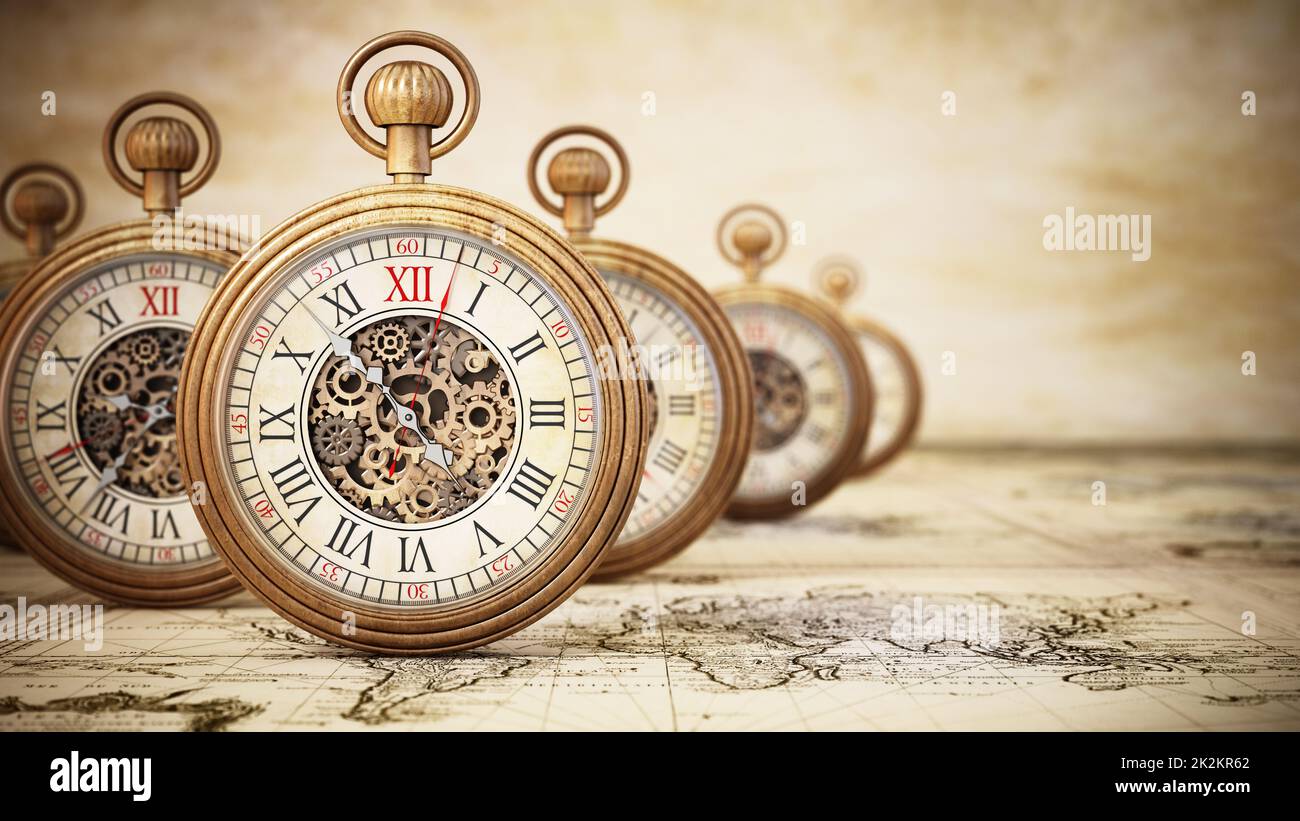 Antique pocket watches on vintage background. 3D illustration Stock ...