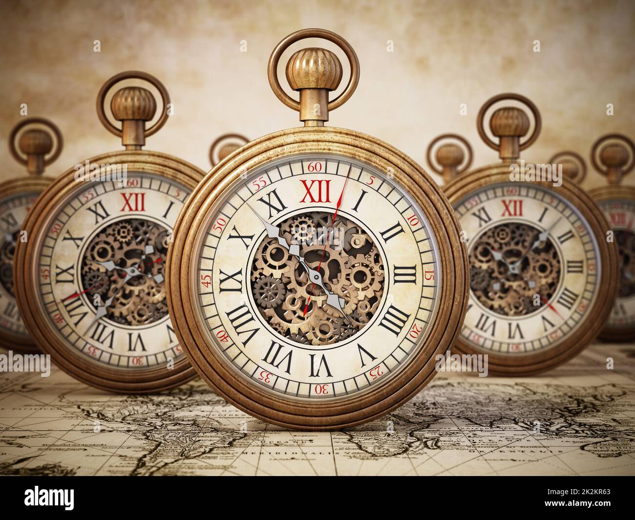 Antique pocket watches on vintage background. 3D illustration Stock ...