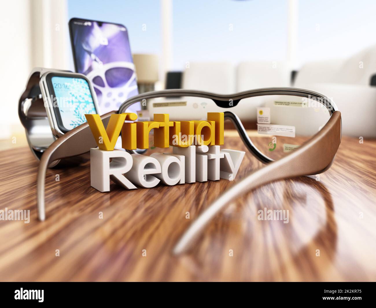 Virtual reality glasses, smartphone and smartwatch on wooden table. 3D ...