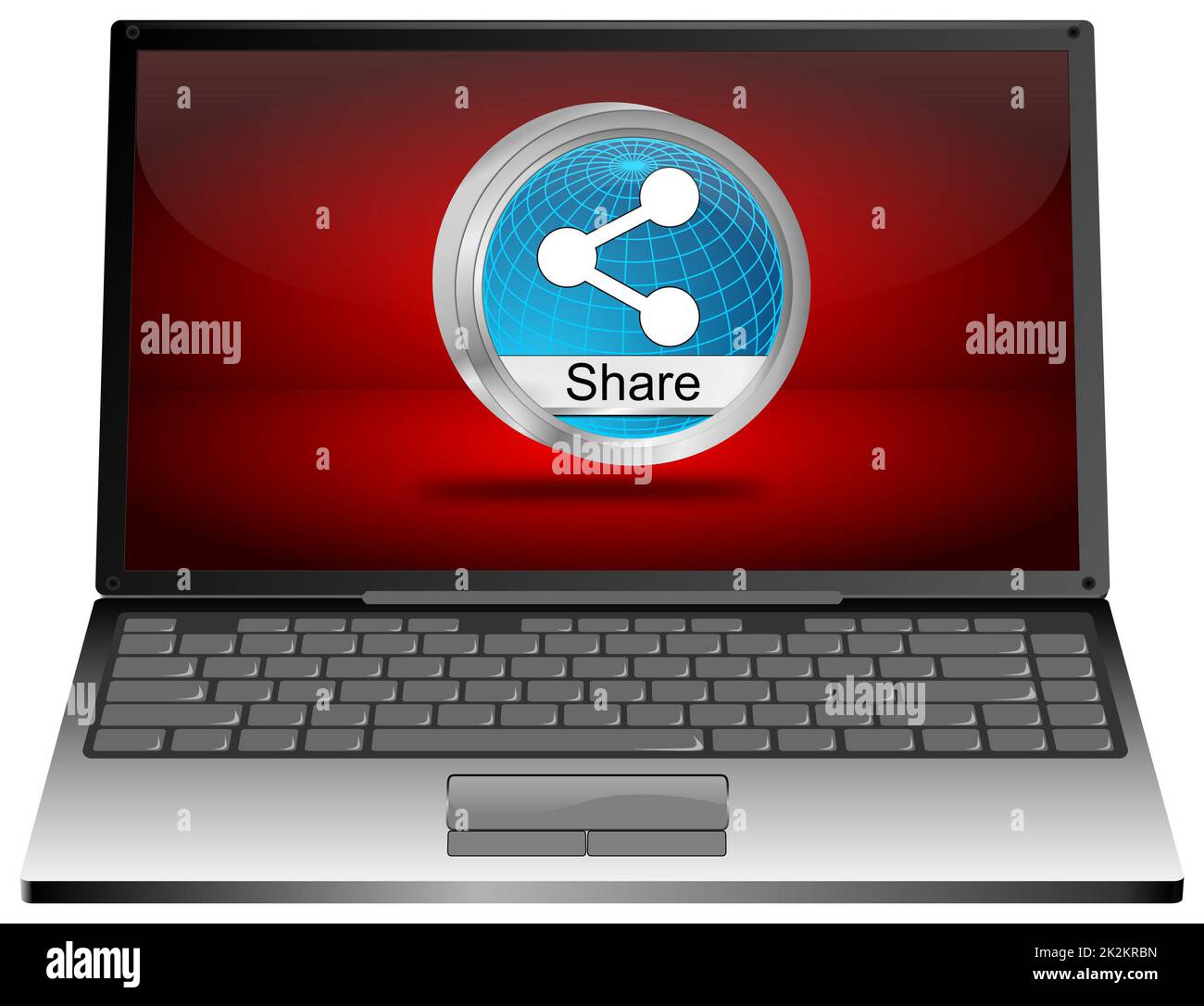 Laptop computer with blue Share Button on red desktop - 3D illustration ...