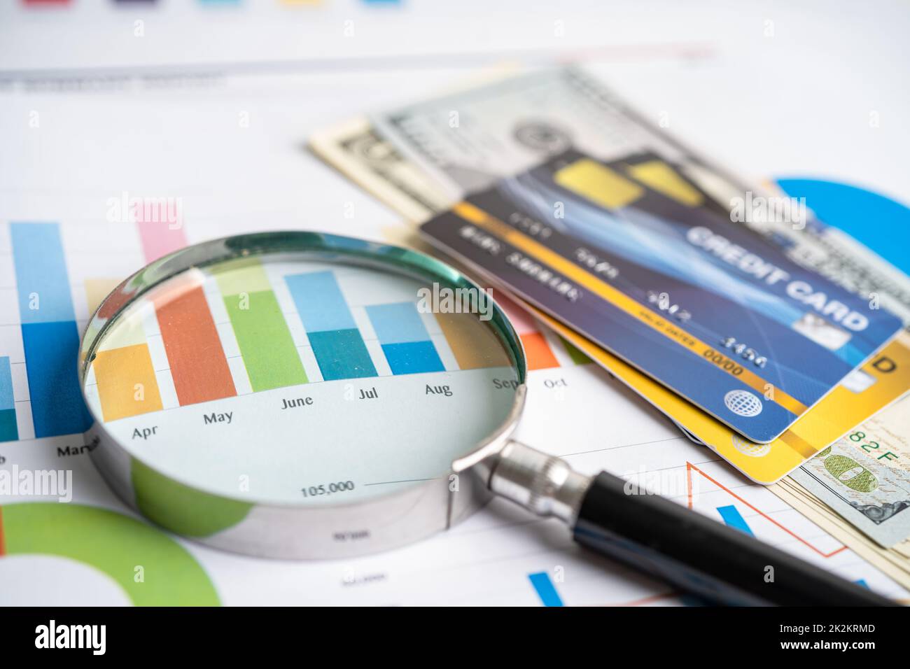 Credit card on chart and graph paper. Finance development, Banking ...