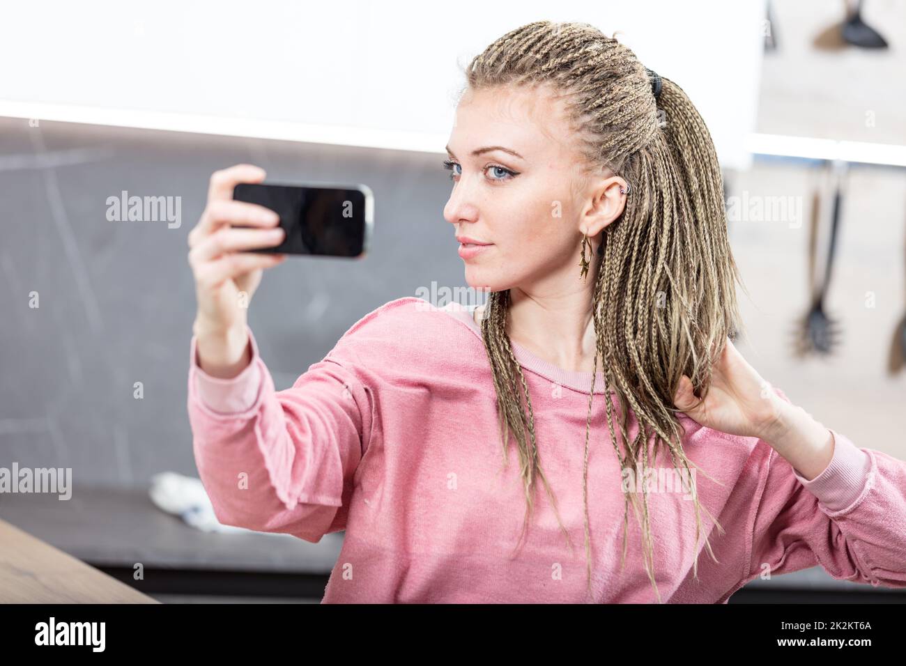 woman making a selfie in the kitchen Stock Photo - Alamy