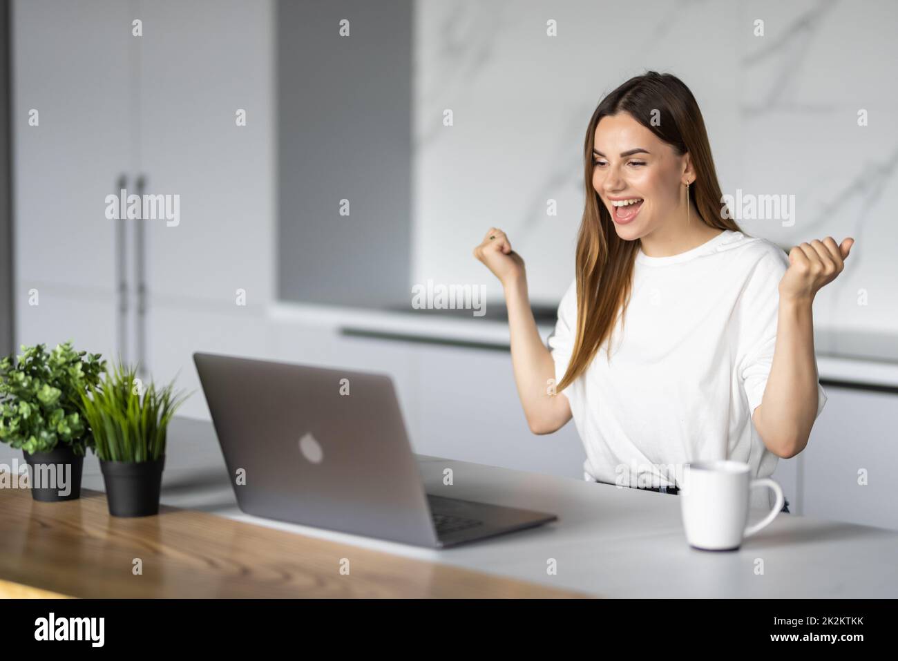 Happy laptop user woman celebrating good news, success, luck with ...