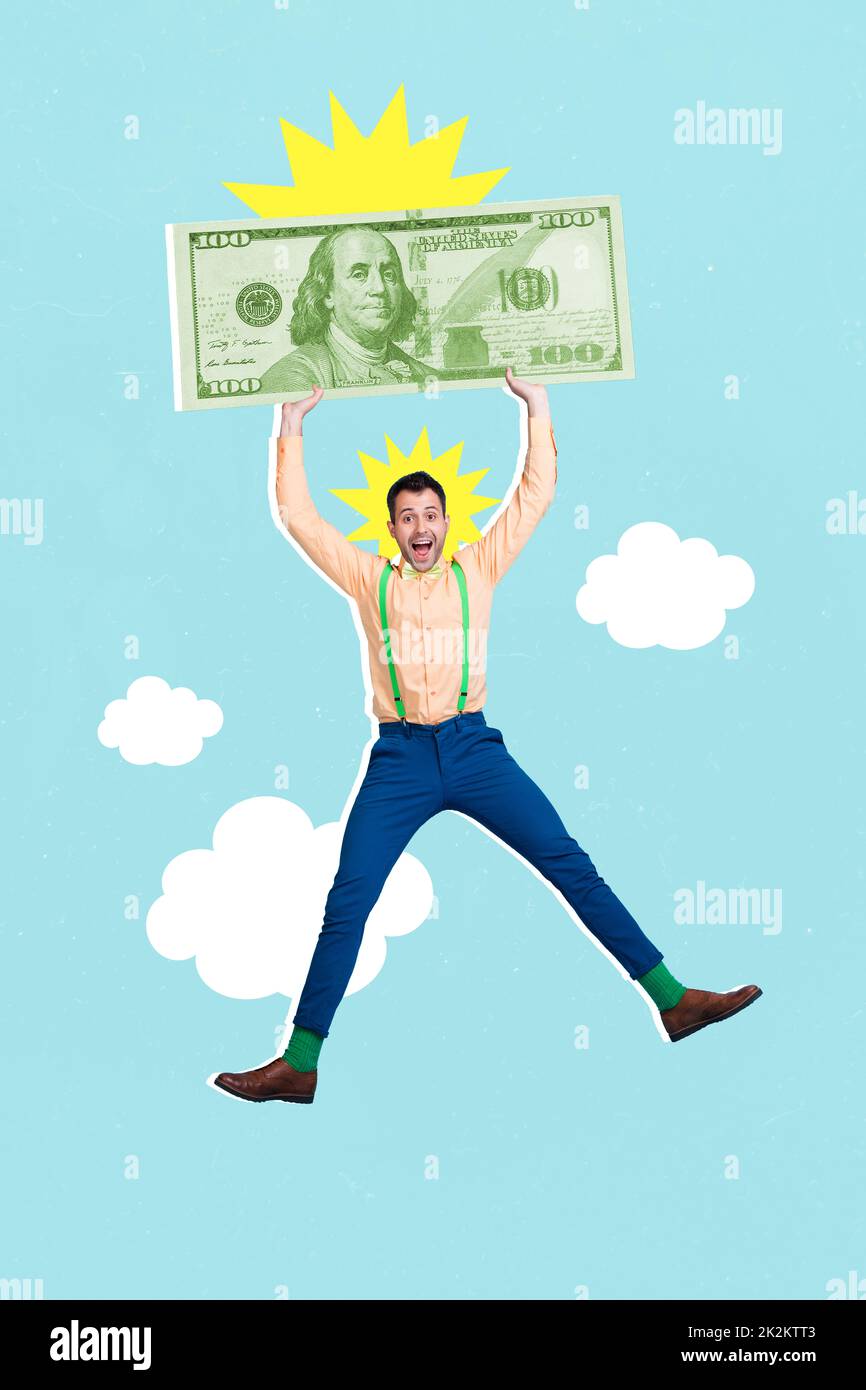 Vertical creative collage image of positive young man hold hang big ...