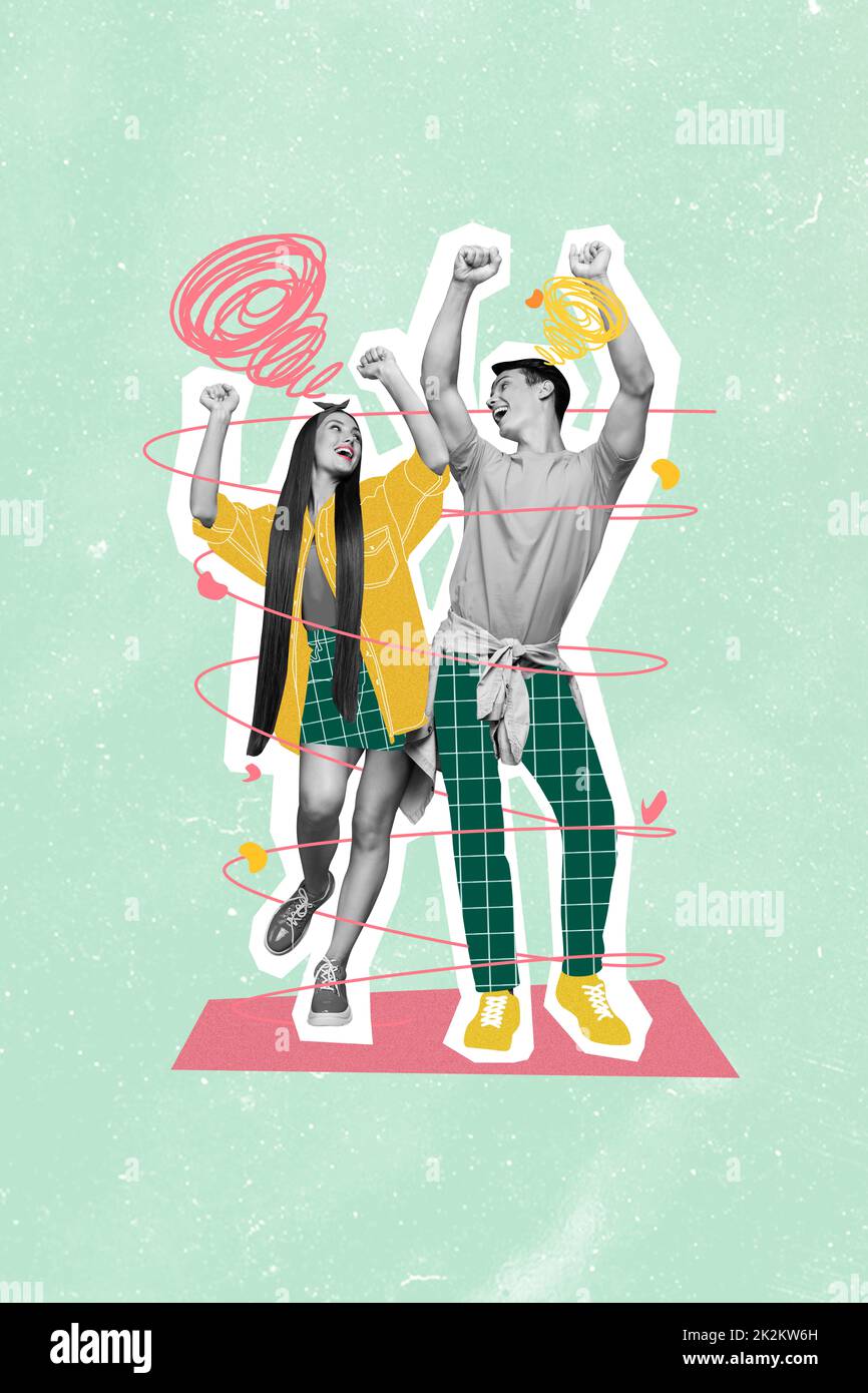 Creative abstract template graphics image of smiling happy guy lady ...