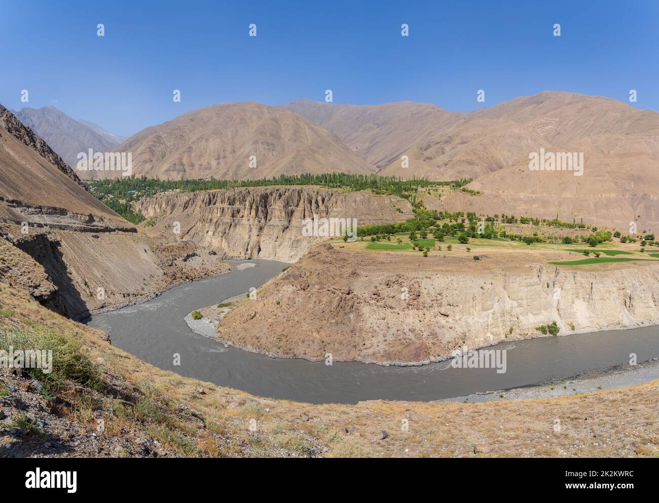 Scenic mountain landscape view of Zeravshan river valley, Aini district ...