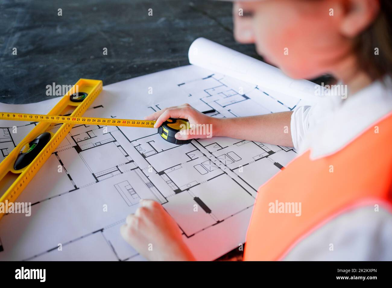 Architect working over plan. Closeup Desk With blueprints drawing Stock ...