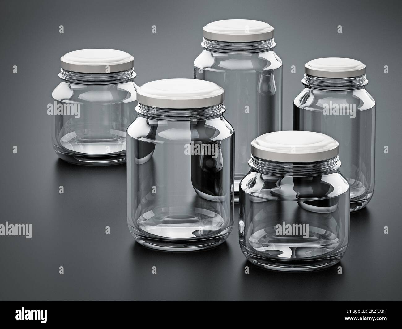 Empty glass jars with white lids isolated on black background. 3D ...