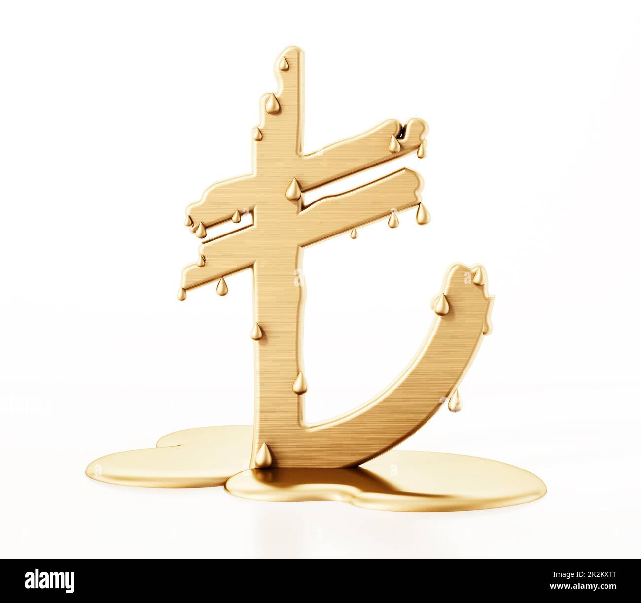 Melting gold Turkish Lira symbol isolated on white background. 3D ...