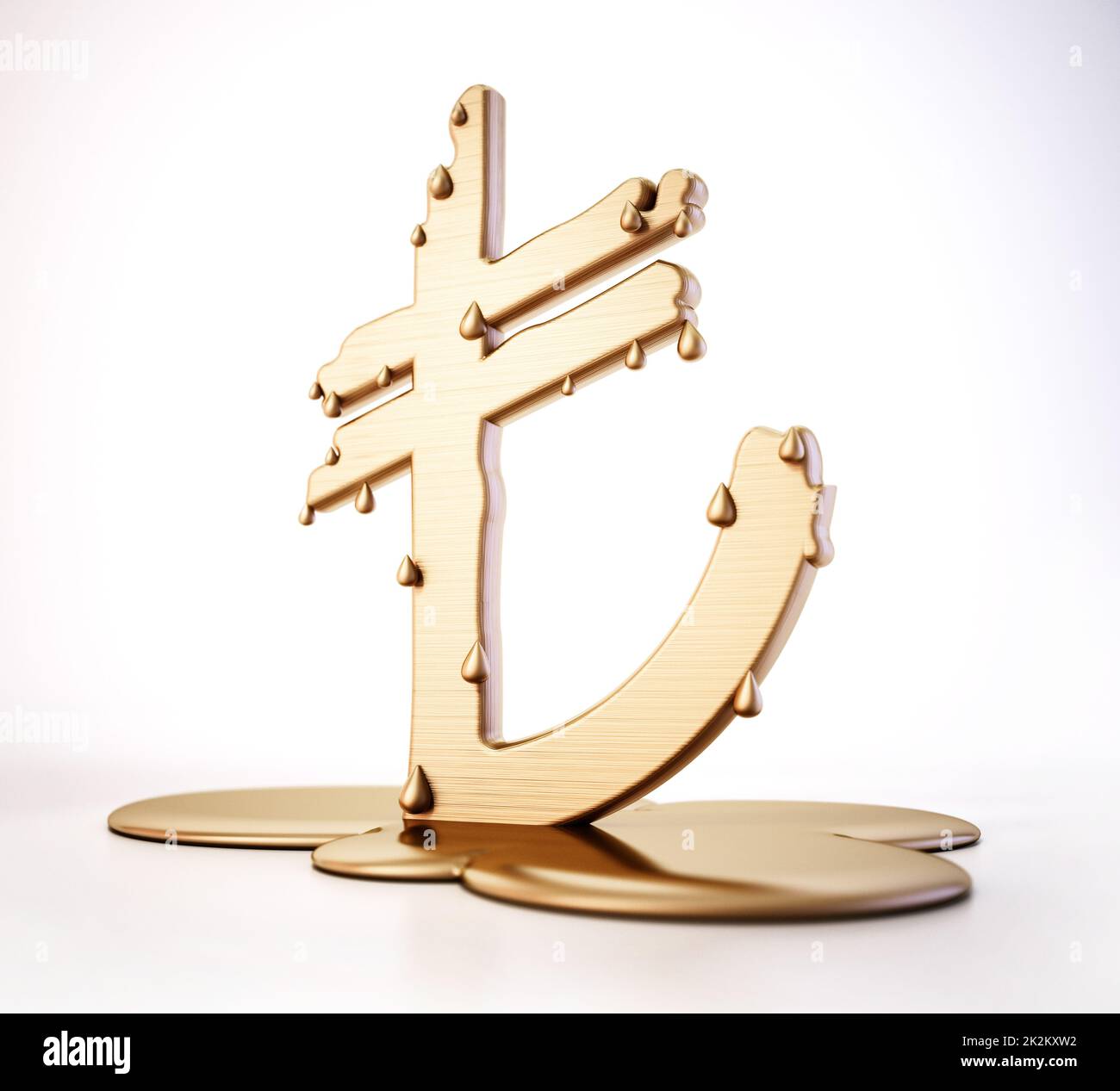 Melting gold Turkish Lira symbol isolated on white background. 3D ...