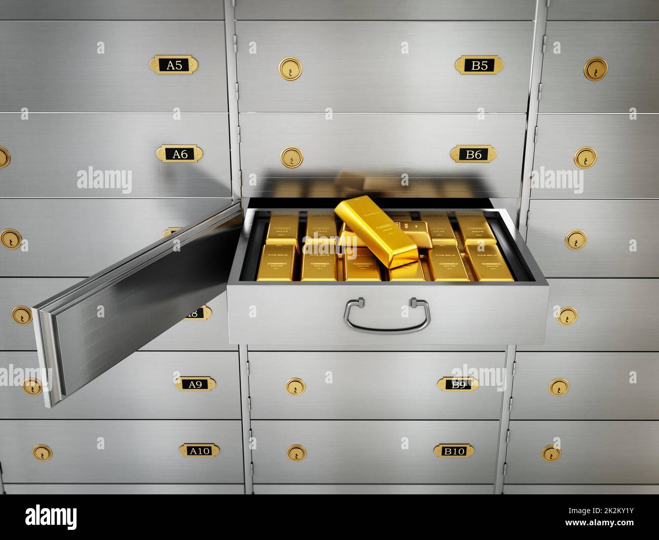 Gold ingots inside private bank deposit box. 3D illustration Stock ...