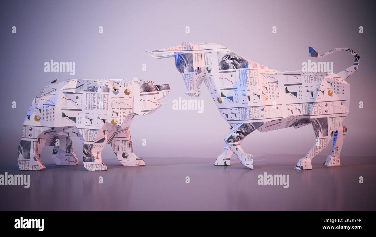 Financial numbers and charts on low poly bull and bear. 3D illustration ...