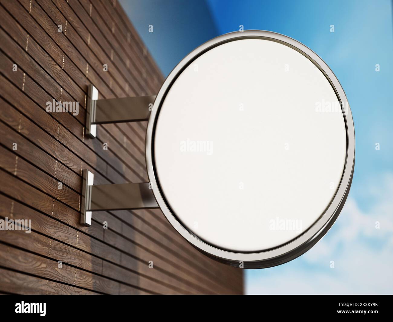 Blank round signboard attached to the wall. 3D illustration Stock Photo ...
