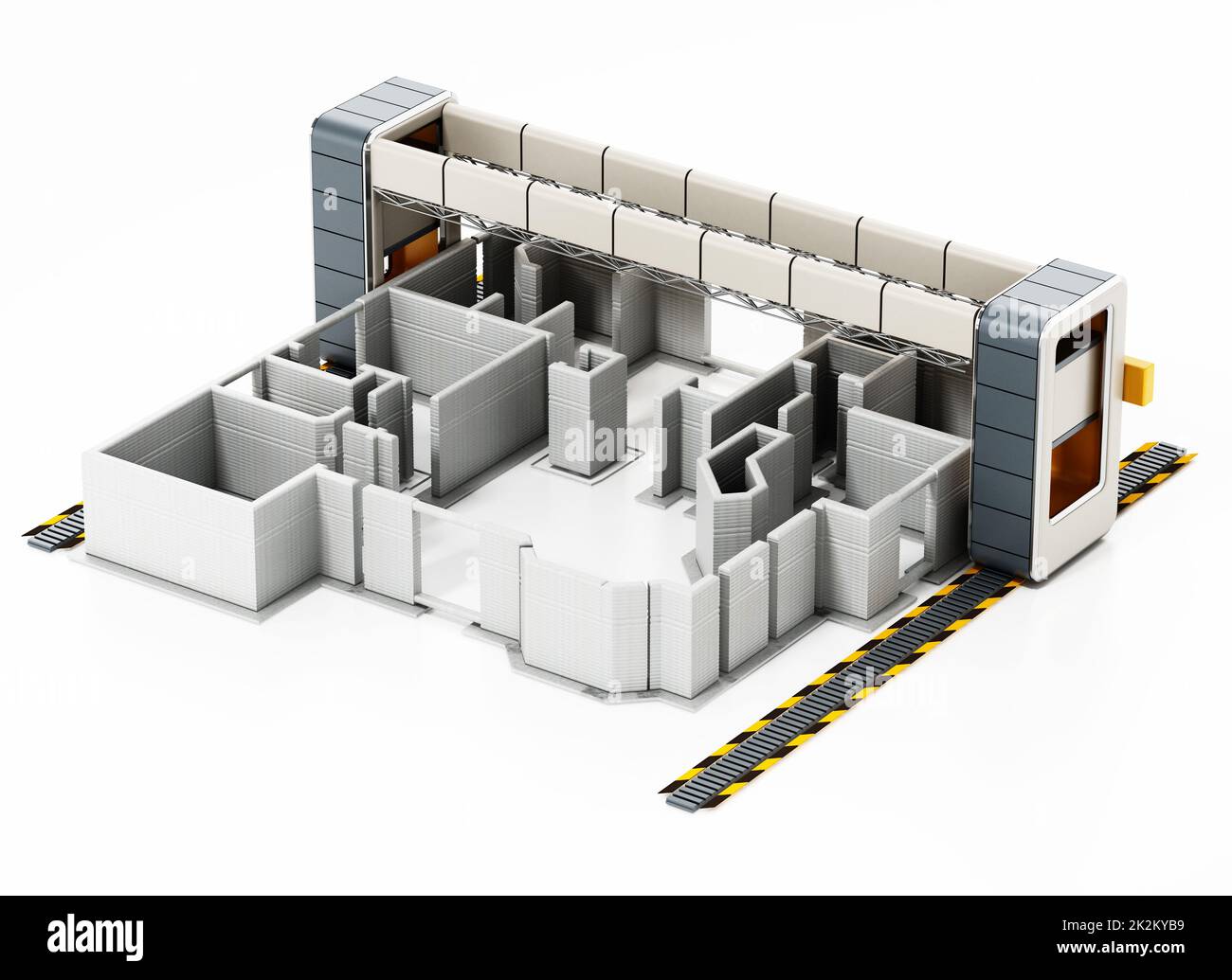 Giant 3D printer and 3D printed house exterior. 3D illustration Stock ...